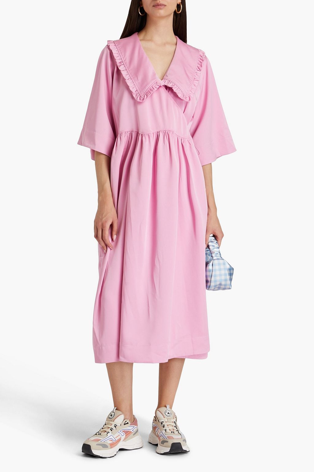 GANNI Ruffled twill midi wrap dress | THE OUTNET