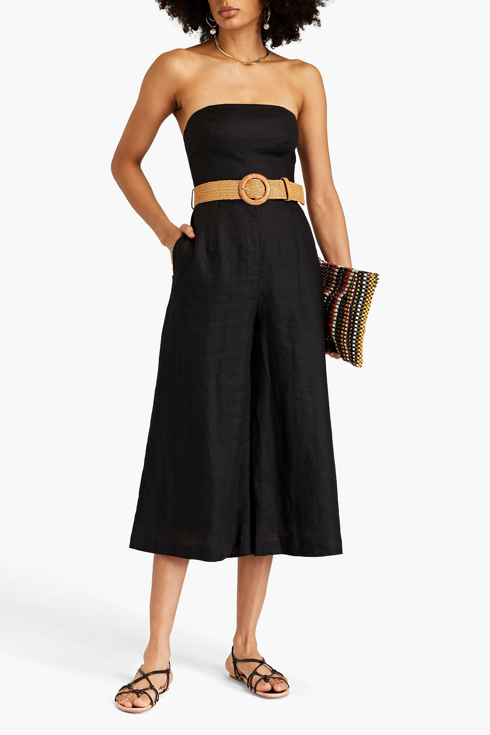 Zimmermann Strapless Cropped Belted Linen Wide Leg Jumpsuit In Black