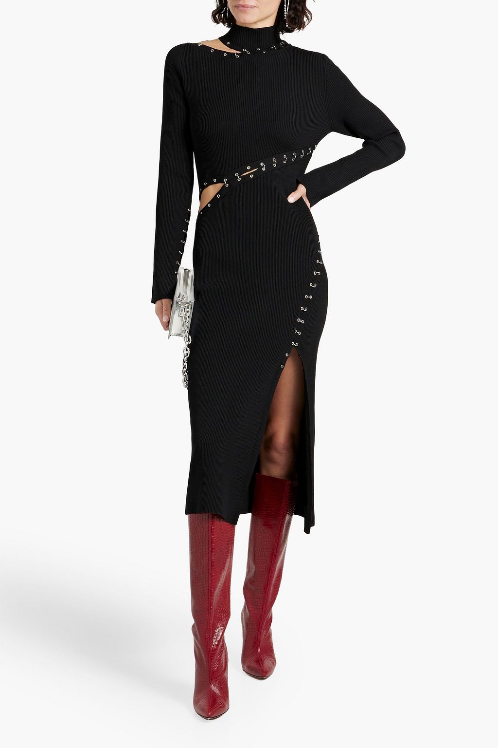 Nicholas Saba Cutout Embellished Ribbed Knit Turtleneck Midi Dress