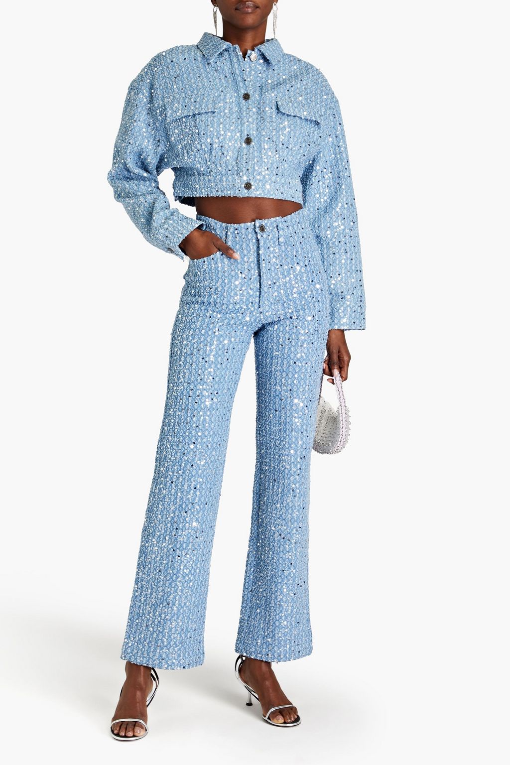 ROTATE BIRGER CHRISTENSEN Cropped distressed embellished denim jacket ...