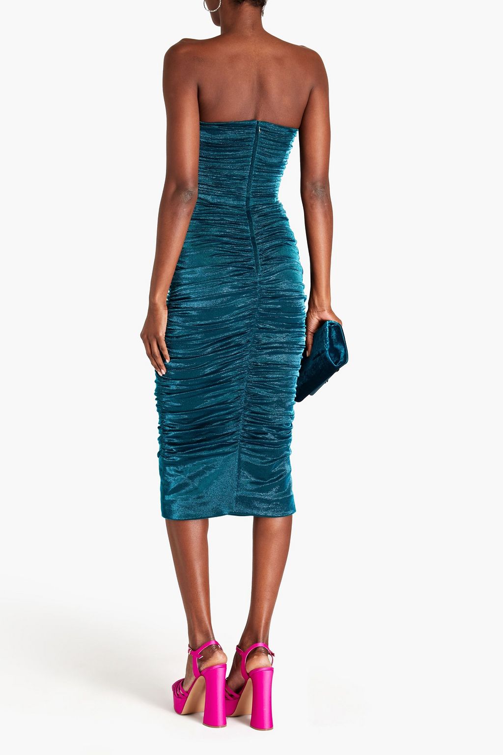 Dolce And Gabbana Strapless Ruched Metallic Silk Blend Midi Dress The