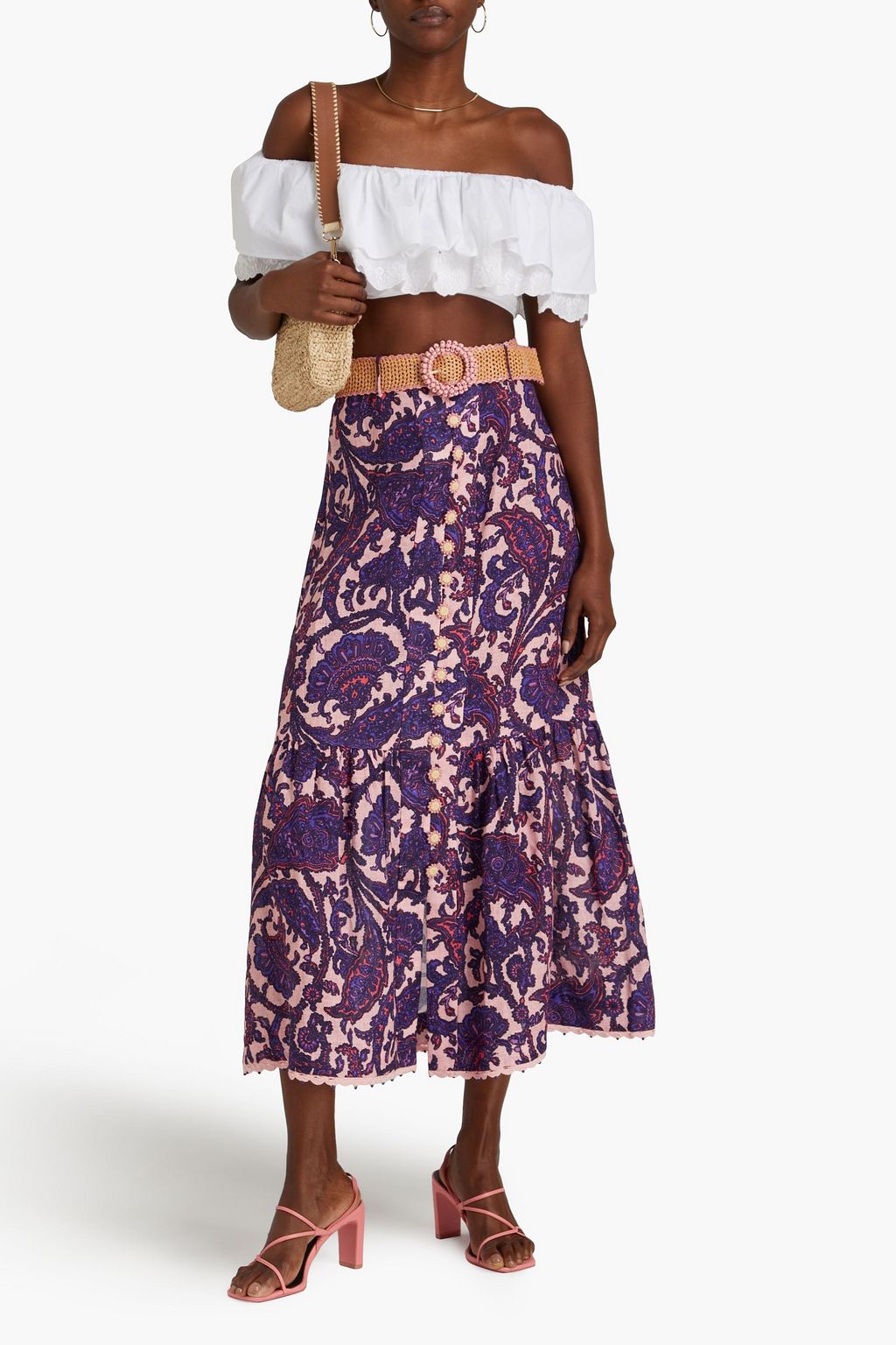 Zimmermann Belted Embellished Paisley Print Linen Midi Skirt The Outnet