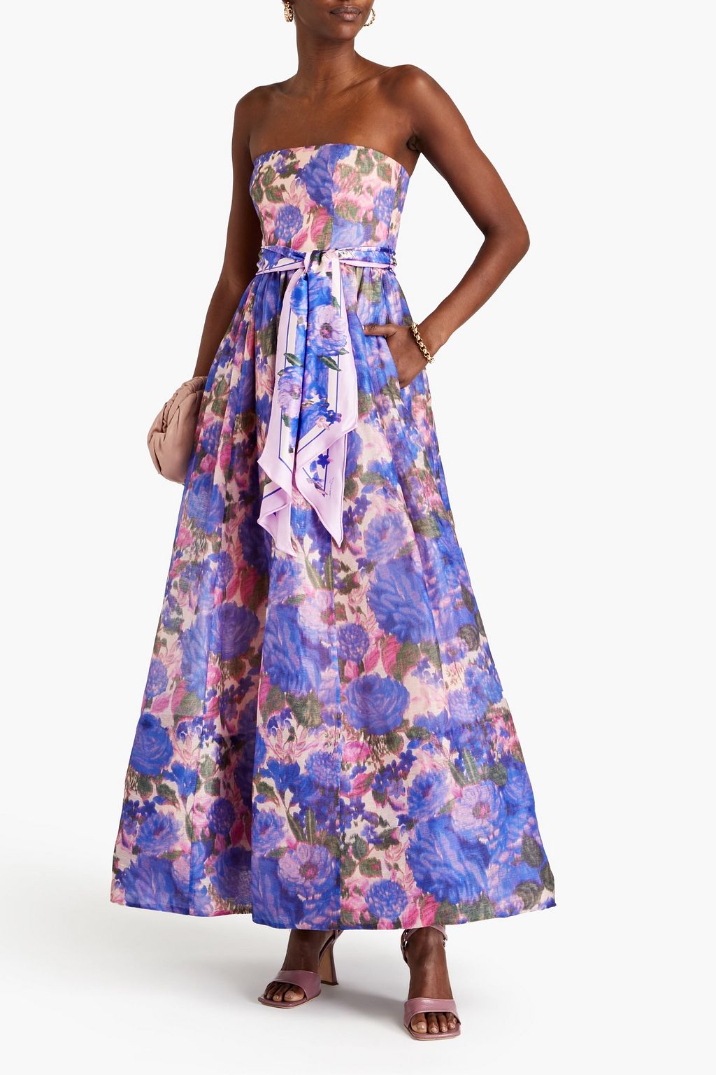 Zimmermann Strapless Floral Print Linen And Silk Blend Maxi Dress The