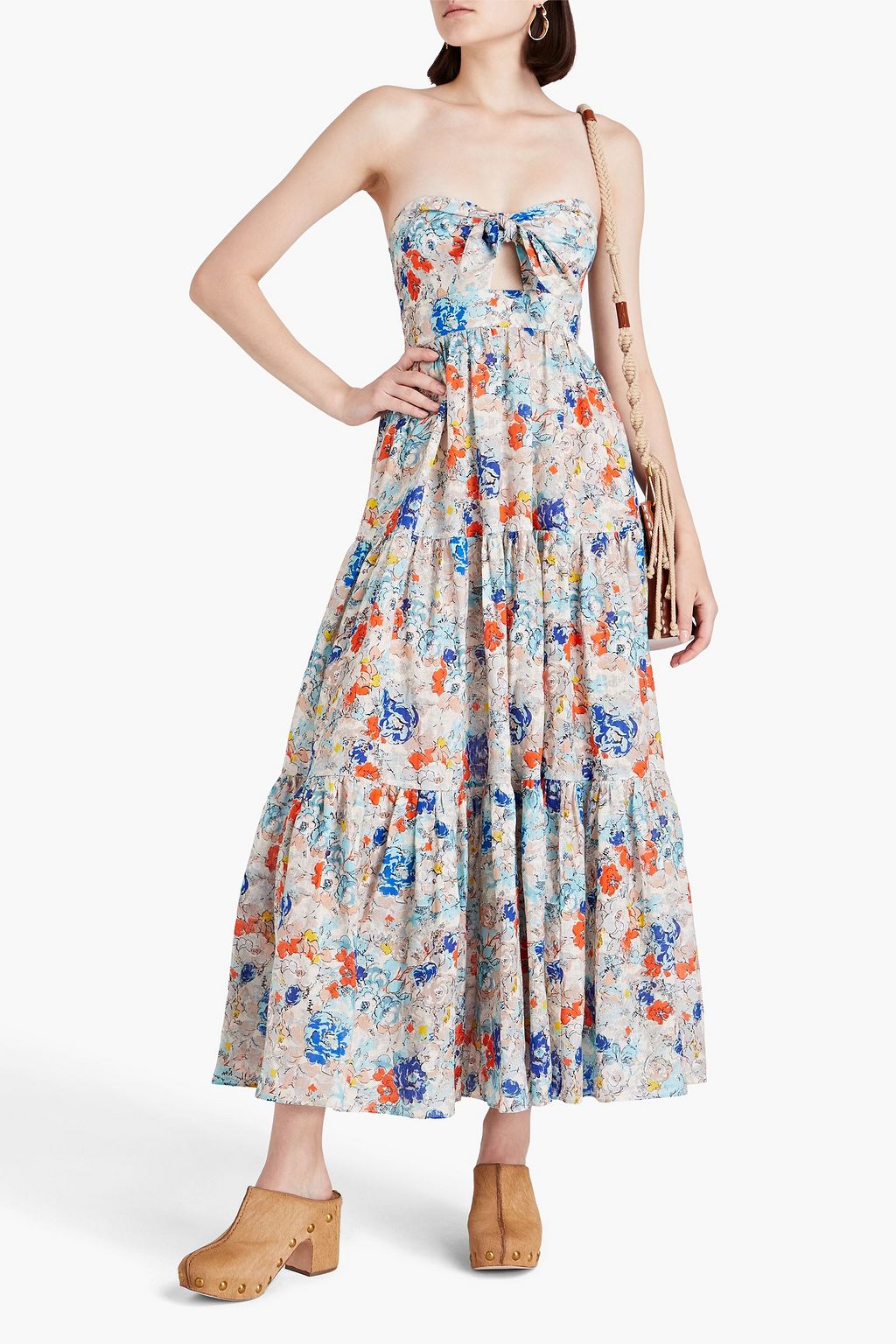 Zimmermann Strapless Cutout Knotted Floral Print Linen Maxi Dress The