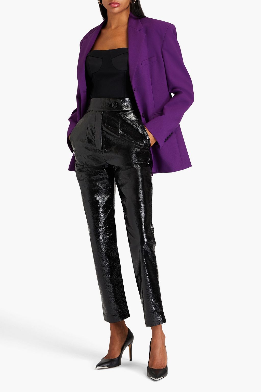 Sara Battaglia Crinkled Cotton Blend Faux Leather Tapered Pants The