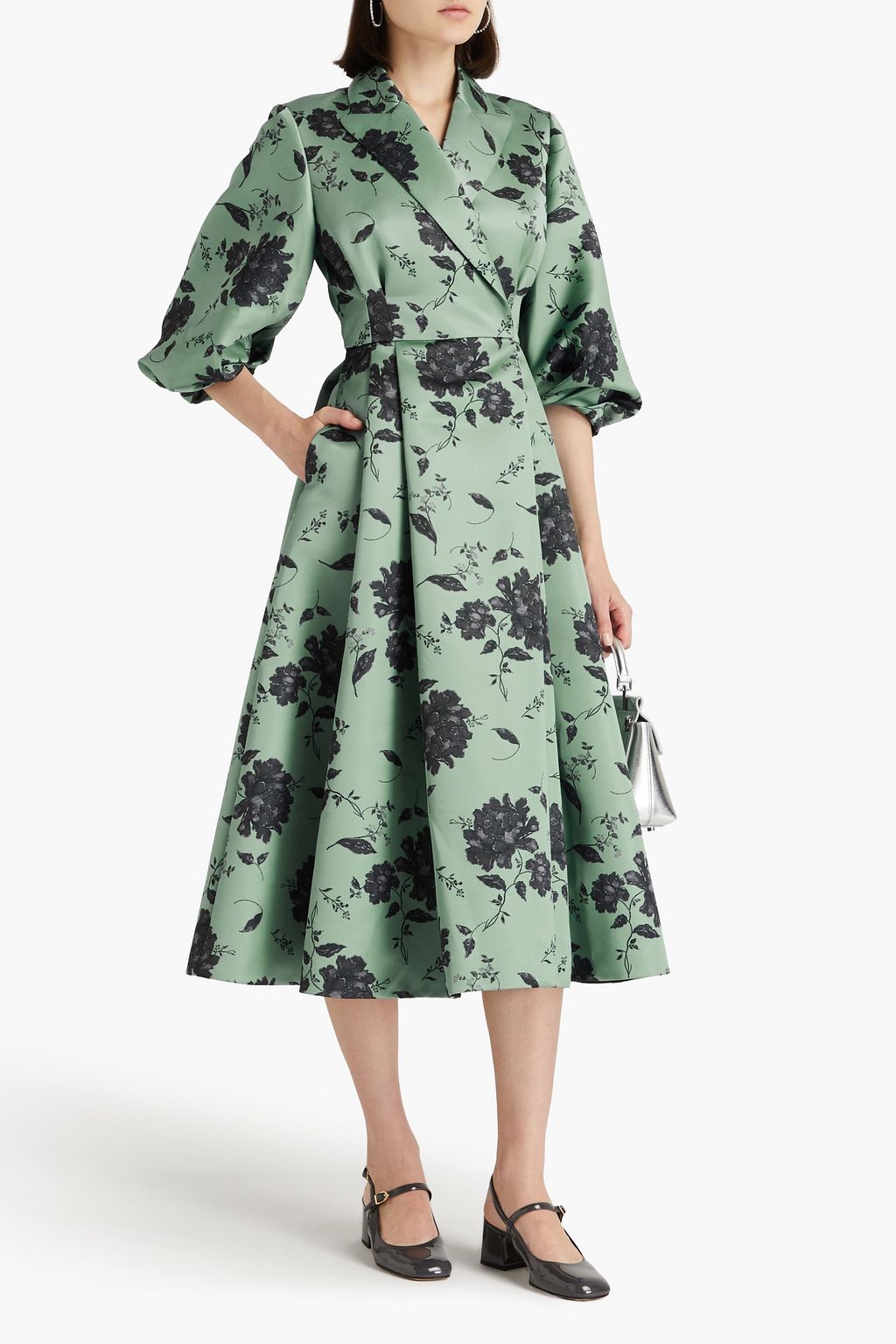 Emilia Wickstead Pleated Floral Print Duchesse Satin Midi Dress The