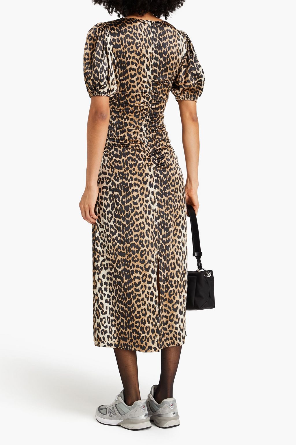 Ganni Ruched Leopard Print Silk Blend Satin Midi Dress The Outnet