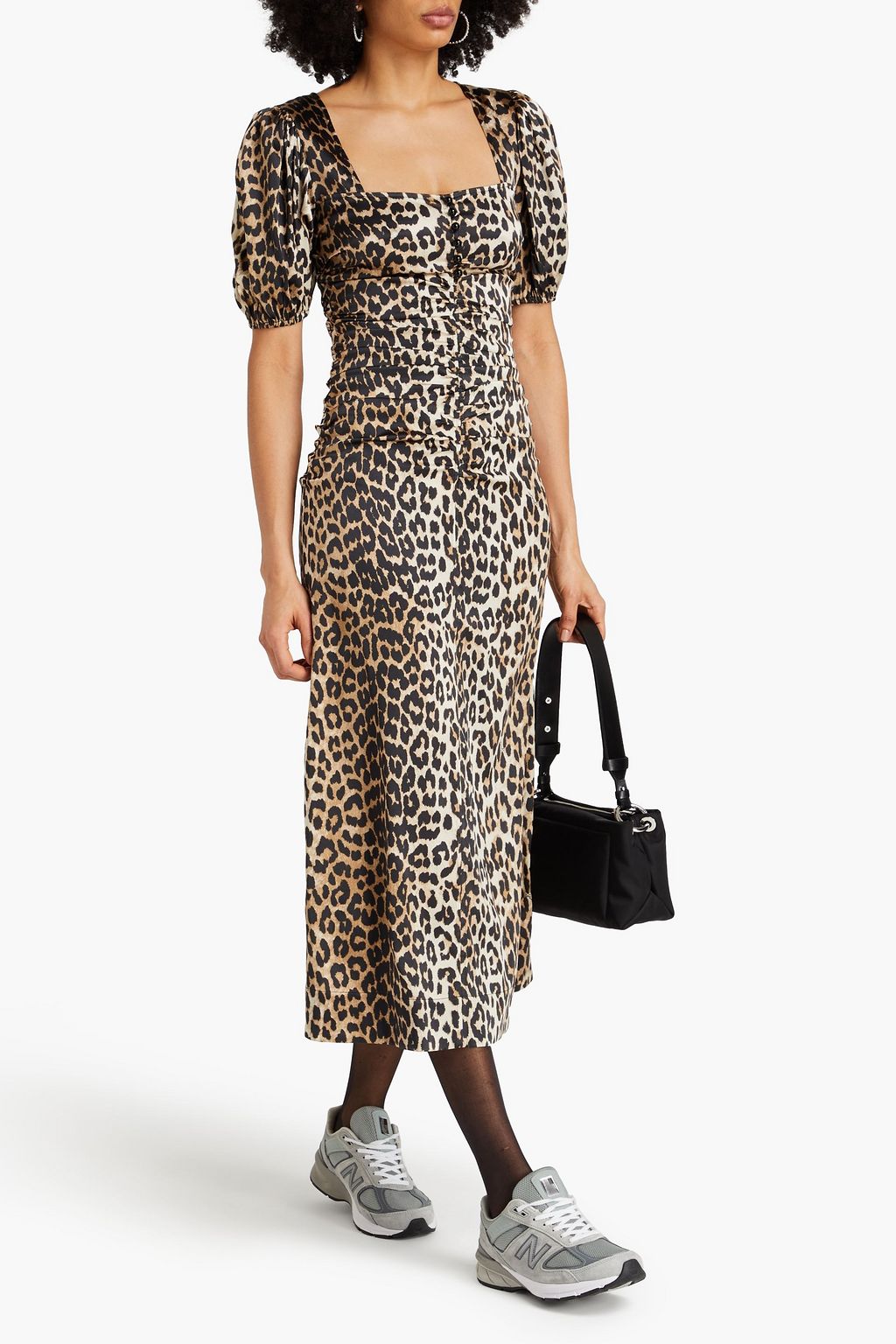 Ganni Ruched Leopard Print Silk Blend Satin Midi Dress The Outnet