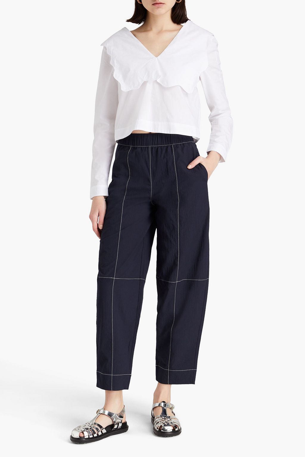 GANNI Topstitched crepon tapered pants | THE OUTNET