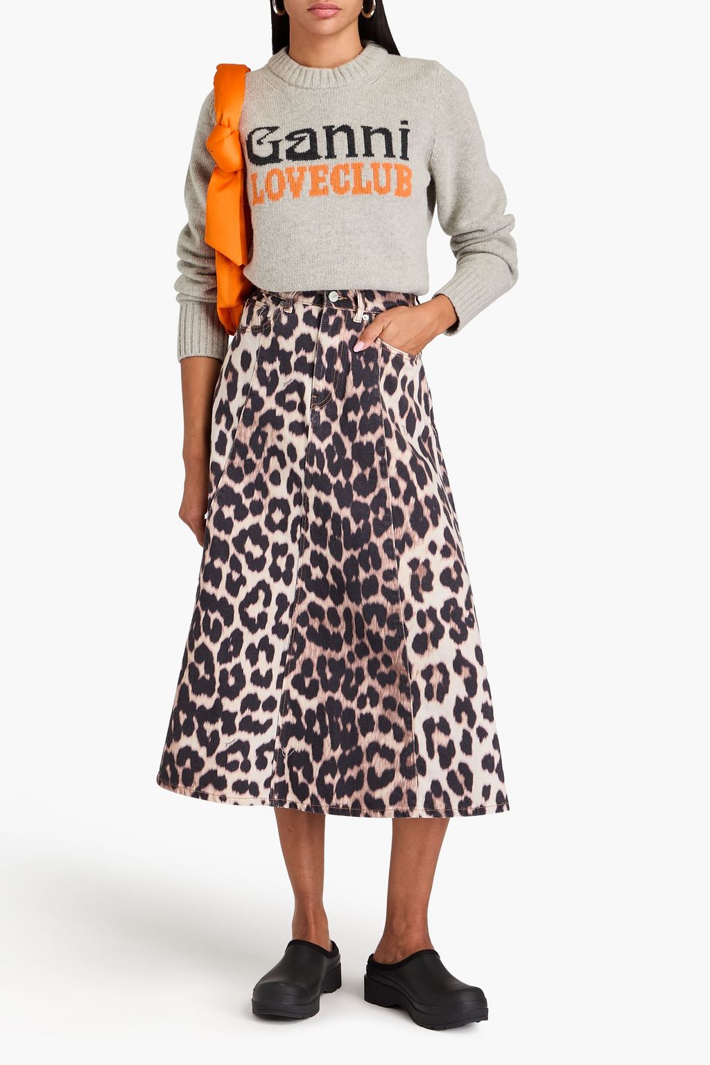 GANNI Leopard-print denim midi skirt | THE OUTNET