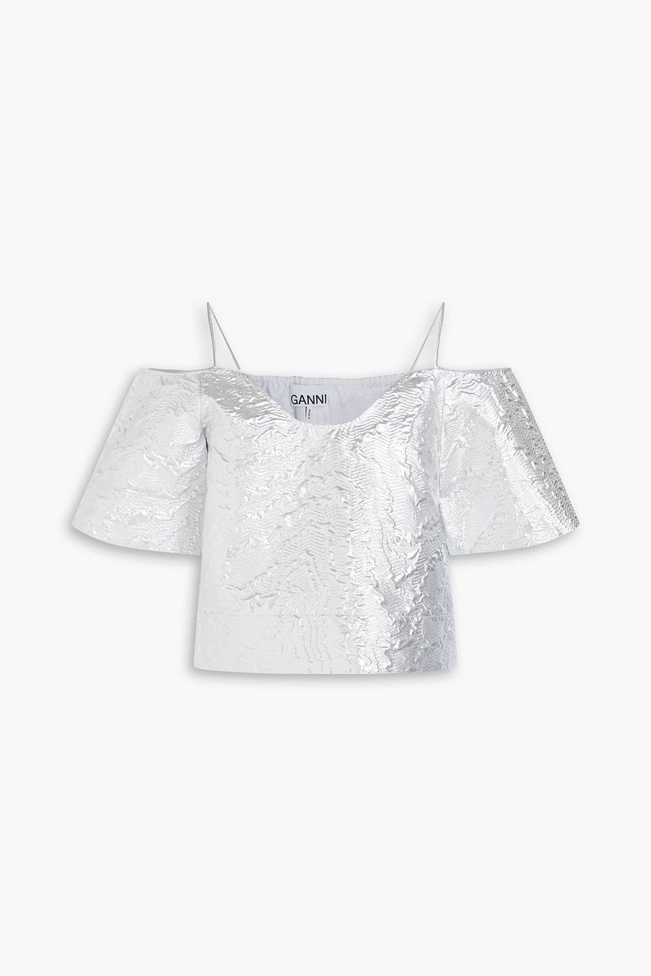 Ganni Cold Shoulder Cropped Metallic Cotton Blend Cloqué Top The Outnet