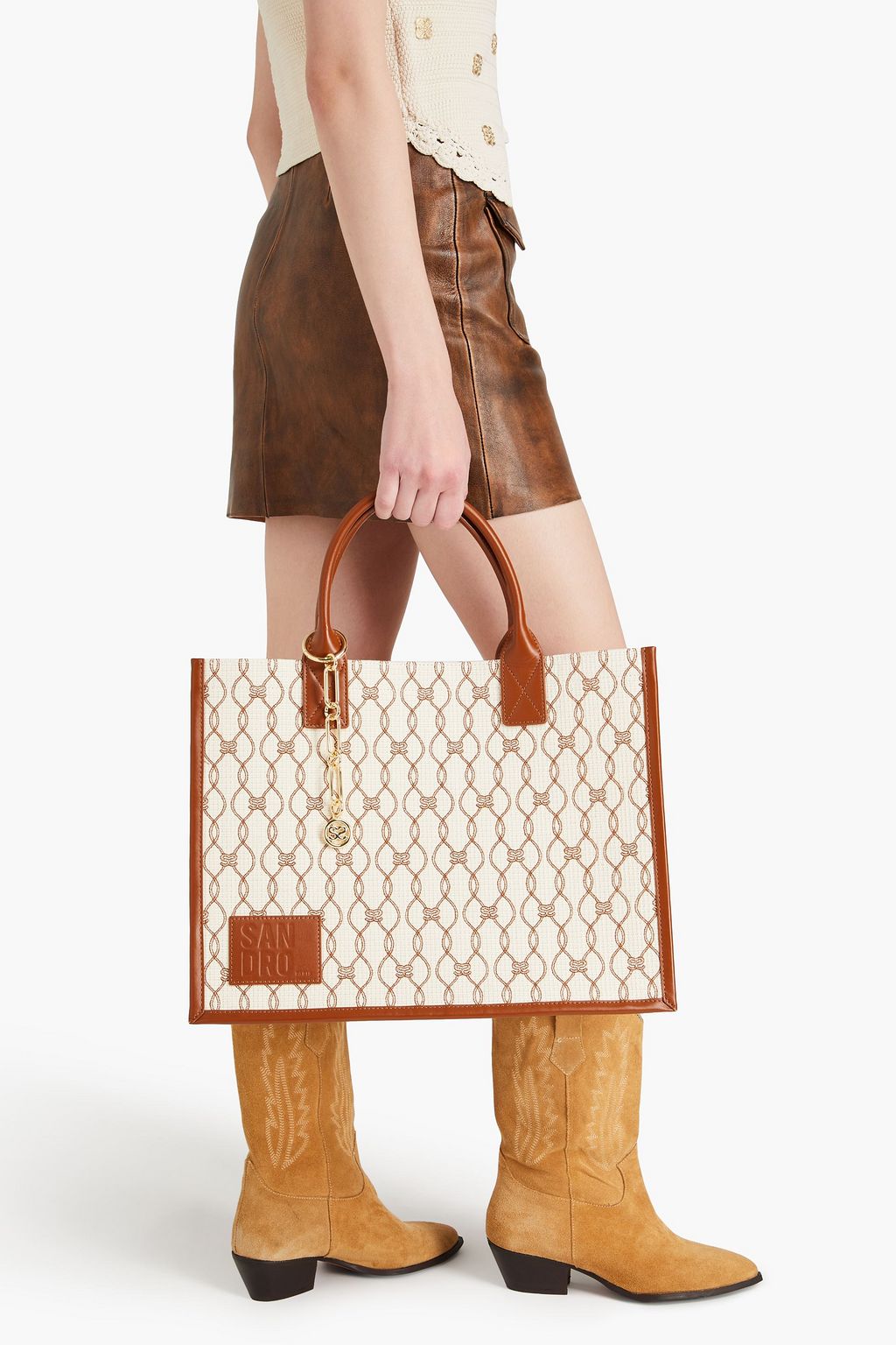 SANDRO Leather-trimmed embroidered canvas tote | THE OUTNET