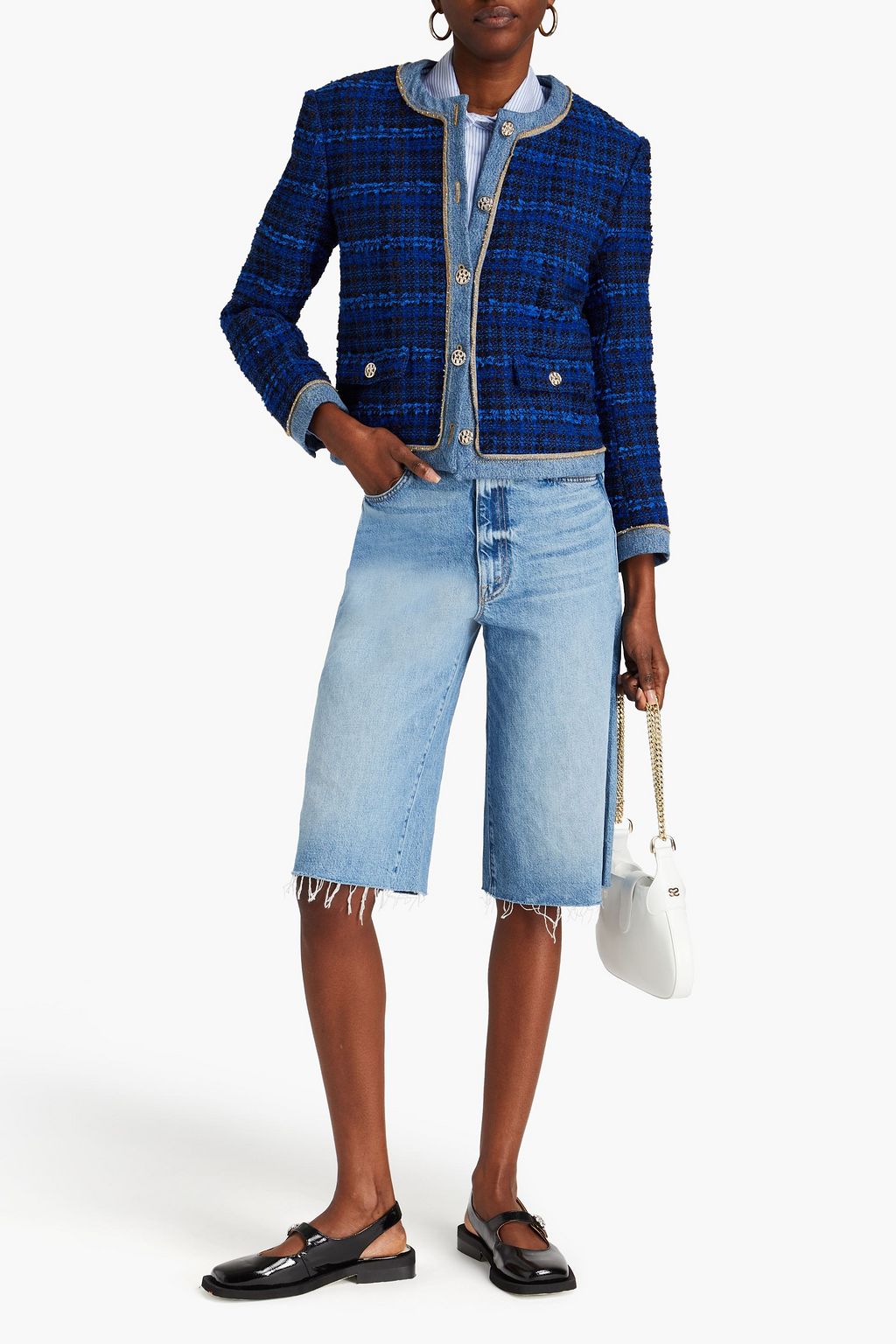 SANDRO Denim-trimmed cotton-blend bouclé-tweed jacket | THE OUTNET