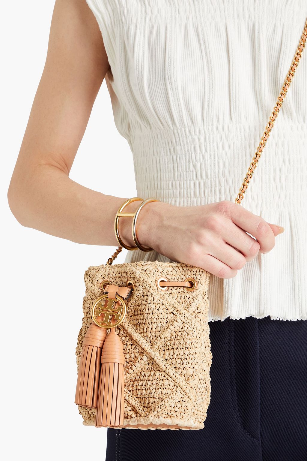 TORY BURCH Fleming leather-trimmed straw bucket bag | THE OUTNET