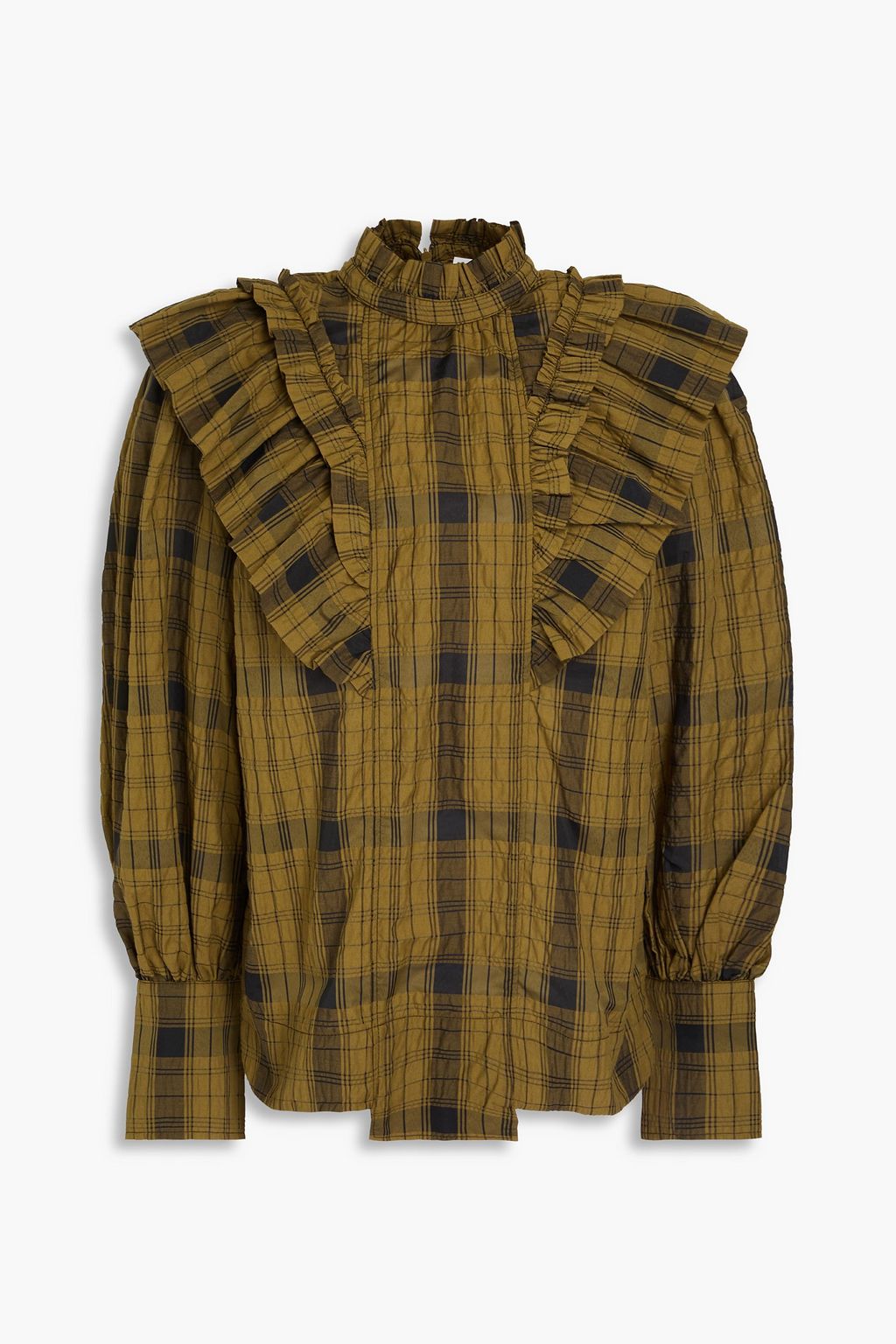 GANNI Ruffled checked cotton-blend blouse | THE OUTNET