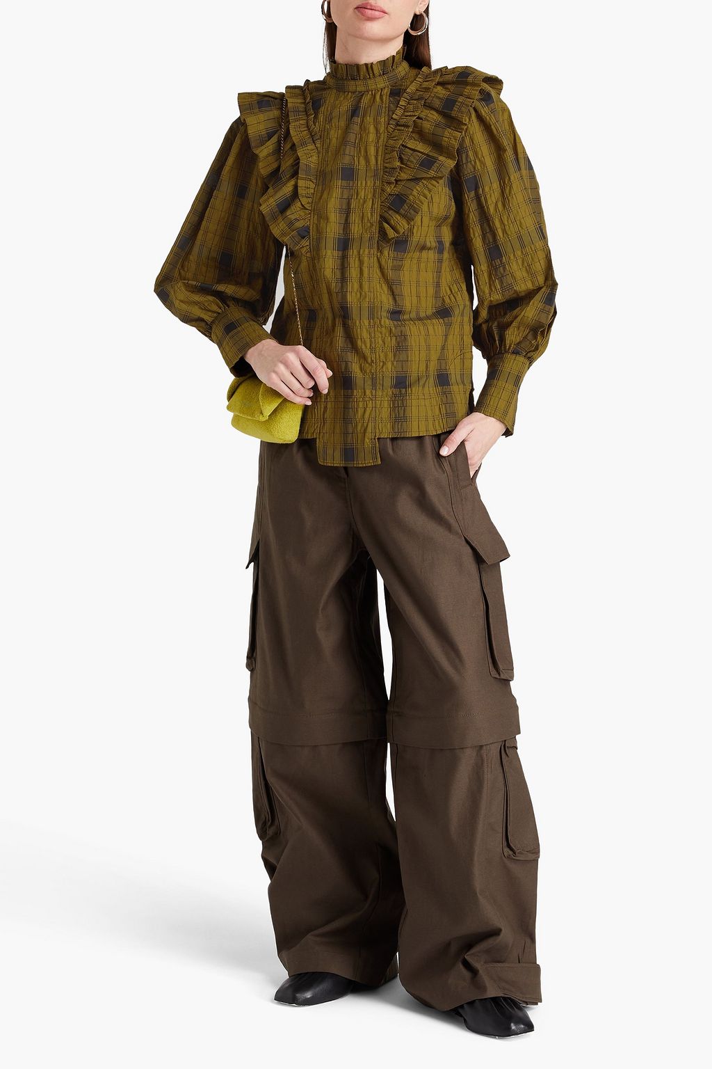 GANNI Ruffled checked cotton-blend blouse | THE OUTNET