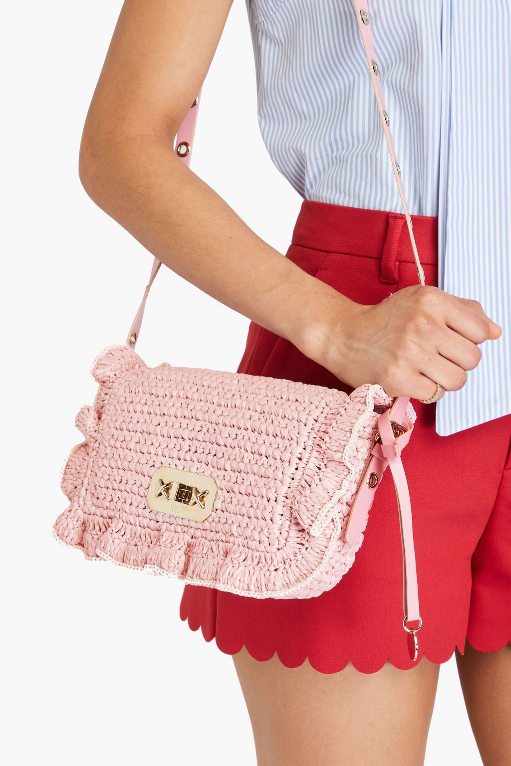 RED(V) Ruffle-trimmed embellished raffia shoulder bag | THE OUTNET