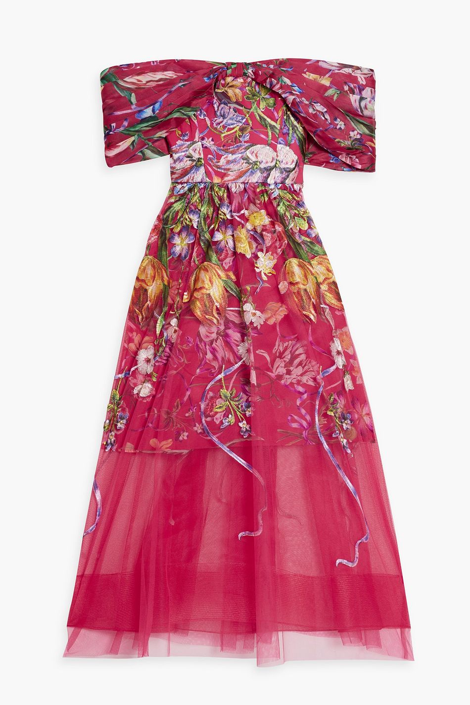 MARCHESA NOTTE Off-the-shoulder embroidered charmeuse and tulle midi ...
