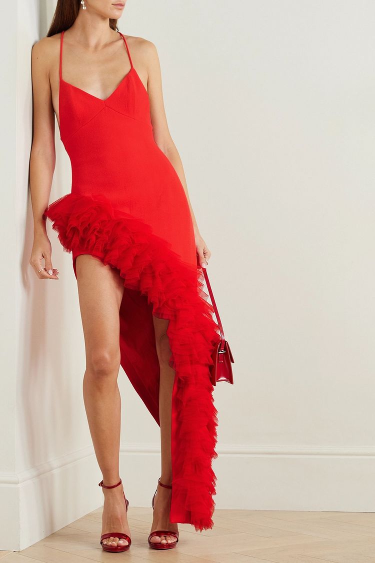 DAVID KOMA Asymmetric tulle-trimmed wool-crepe maxi dress | THE OUTNET