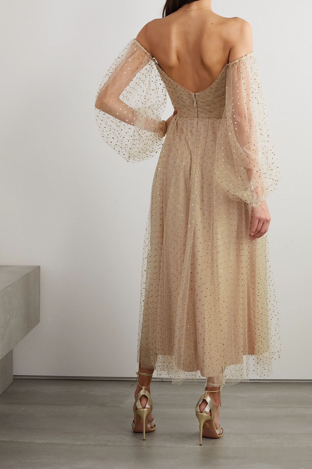 Monique Lhuillier Off The Shoulder Polka Dot Tulle Midi Dress The Outnet