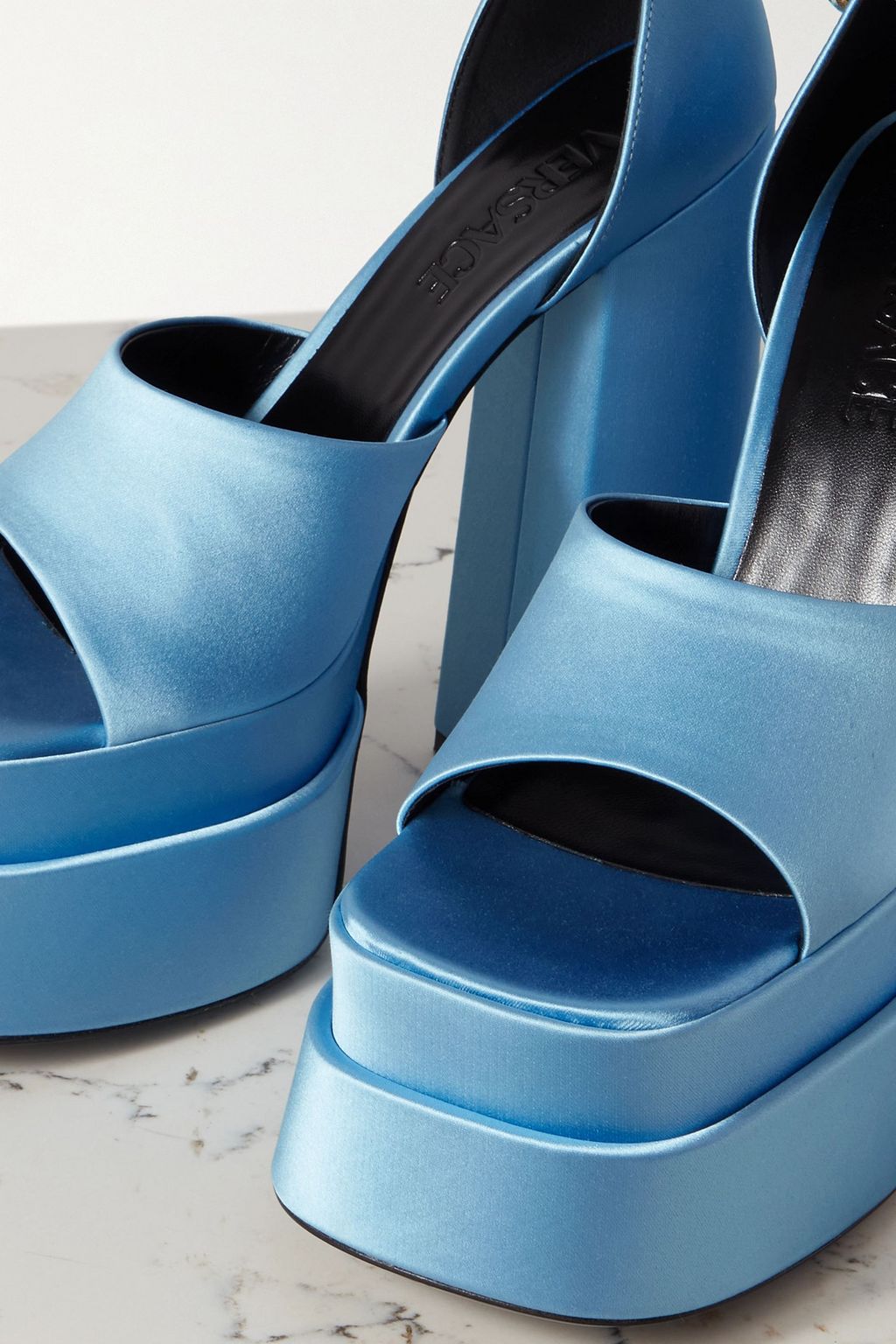 VERSACE Medusa Aevitas embellished satin platform sandals | THE OUTNET