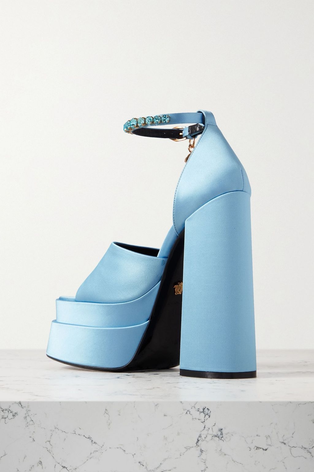 VERSACE Medusa Aevitas embellished satin platform sandals | THE OUTNET