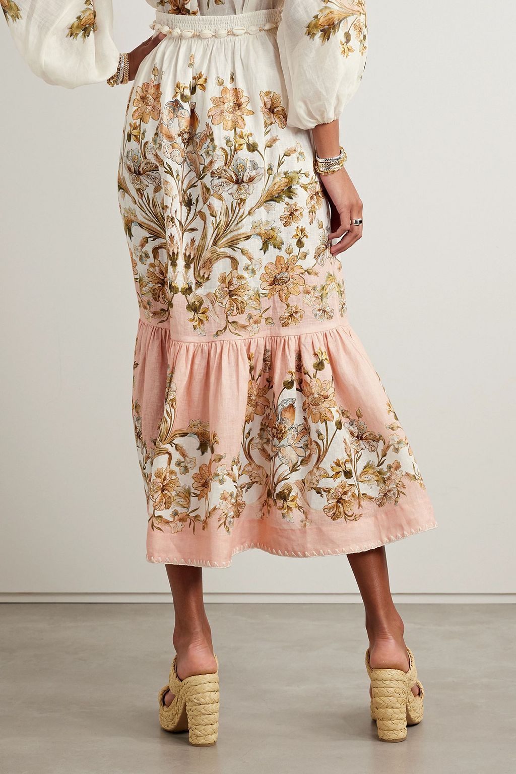 Zimmermann Chintz Belted Tiered Floral Print Linen Midi Skirt The Outnet