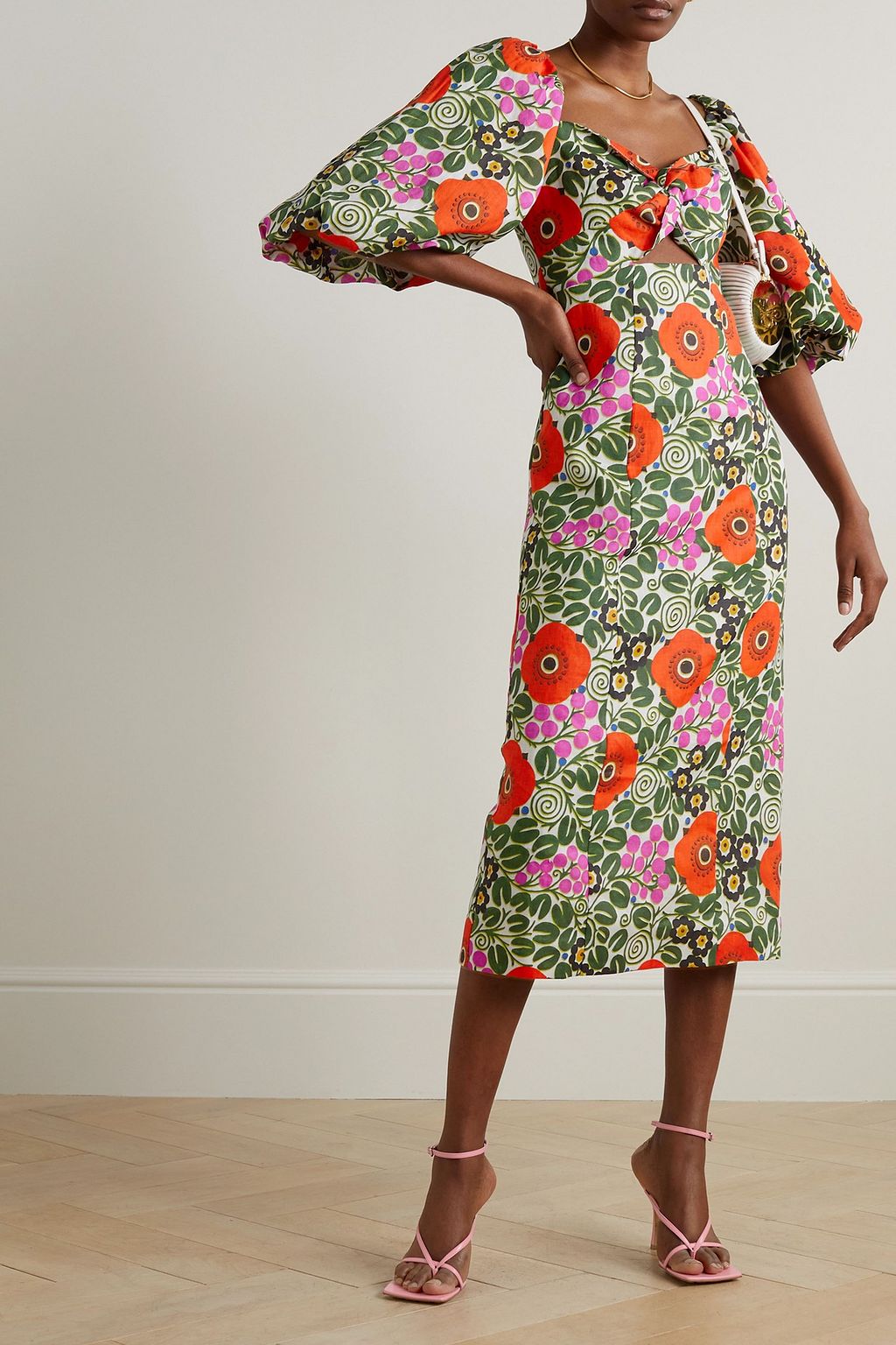 RHODE Noa cutout floral-print linen midi dress | THE OUTNET