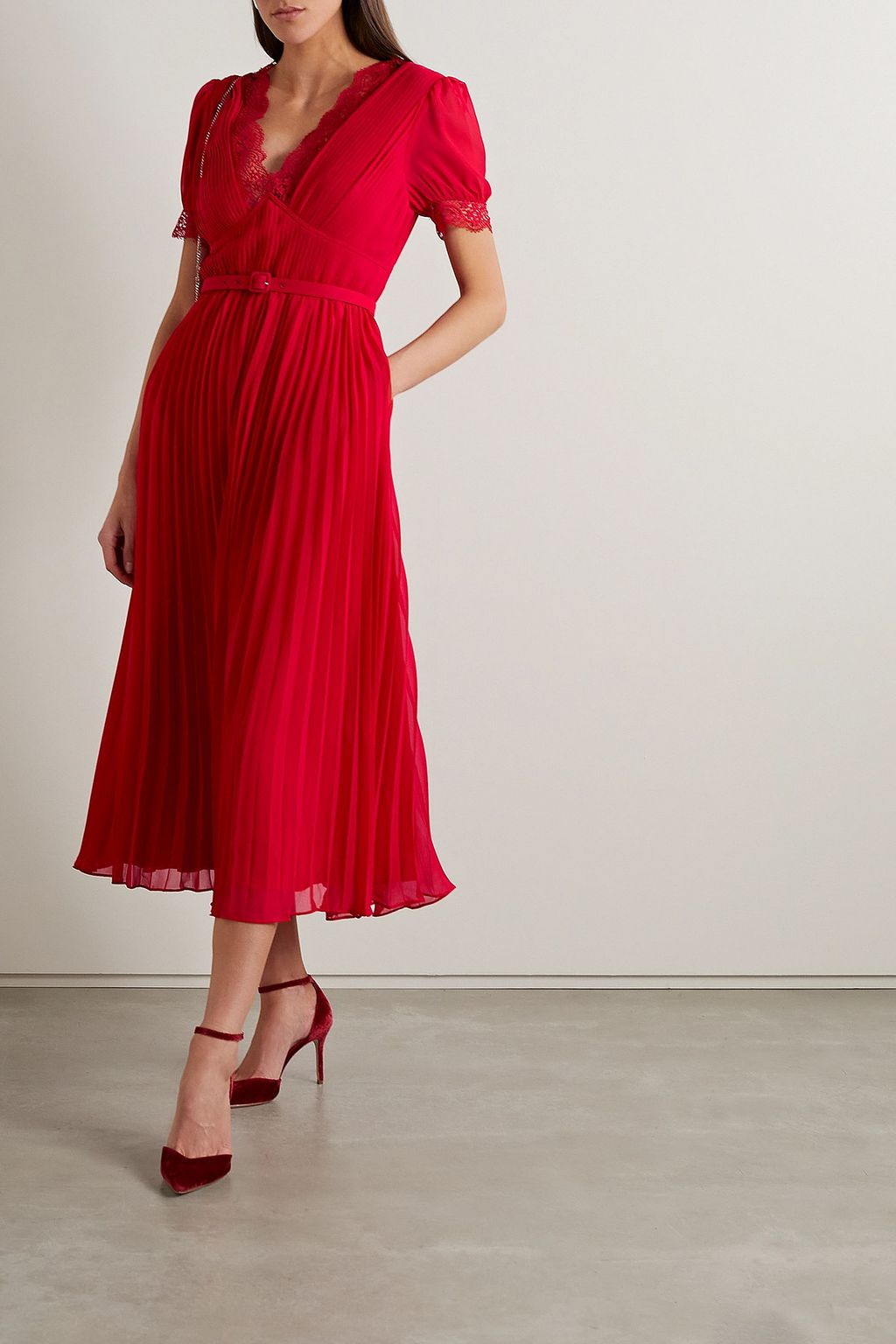 SELF-PORTRAIT Belted lace-trimmed pleated chiffon midi dress | THE OUTNET