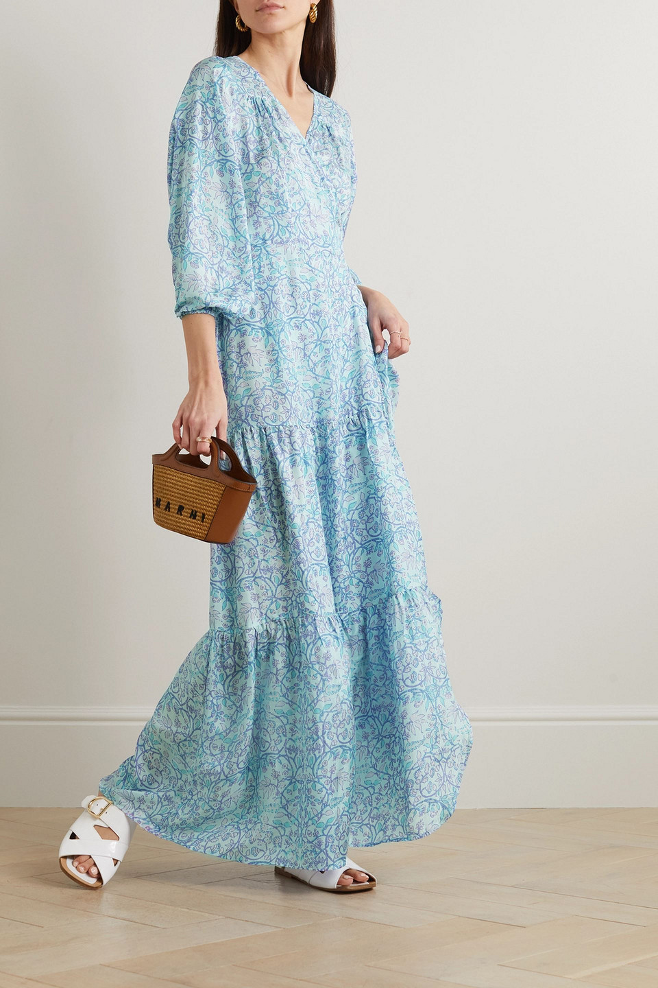 Hannah Emilia Floral-print Silk-habotai Maxi Wrap Dress In Sky Blue ...