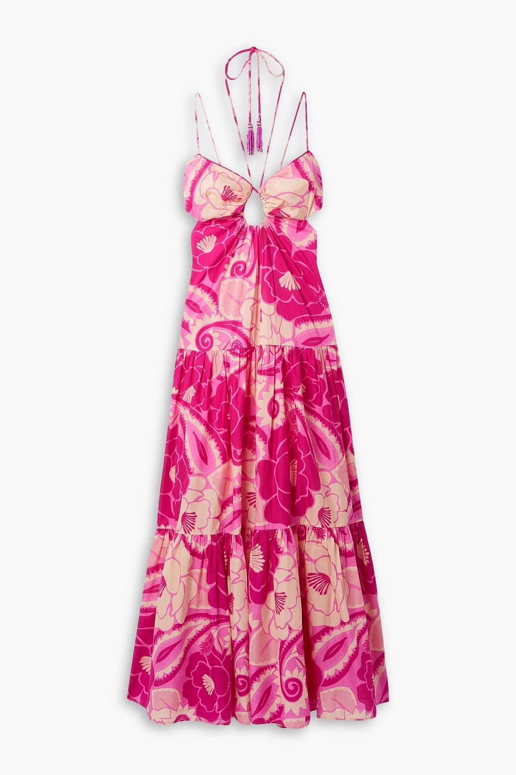 FARM RIO Cutout tiered floral-print cotton-voile halterneck maxi dress ...