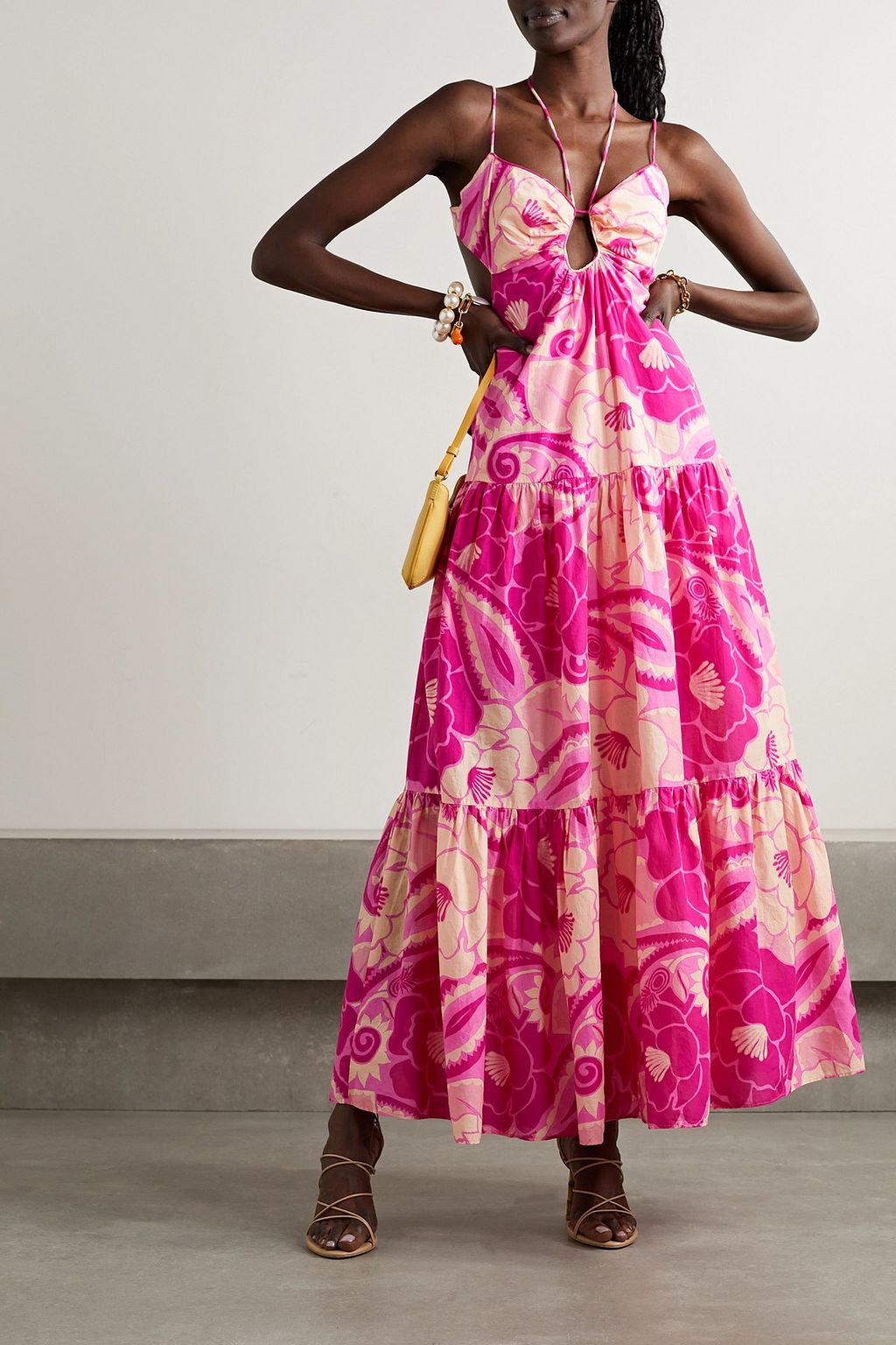 FARM RIO Cutout tiered floral-print cotton-voile halterneck maxi dress ...