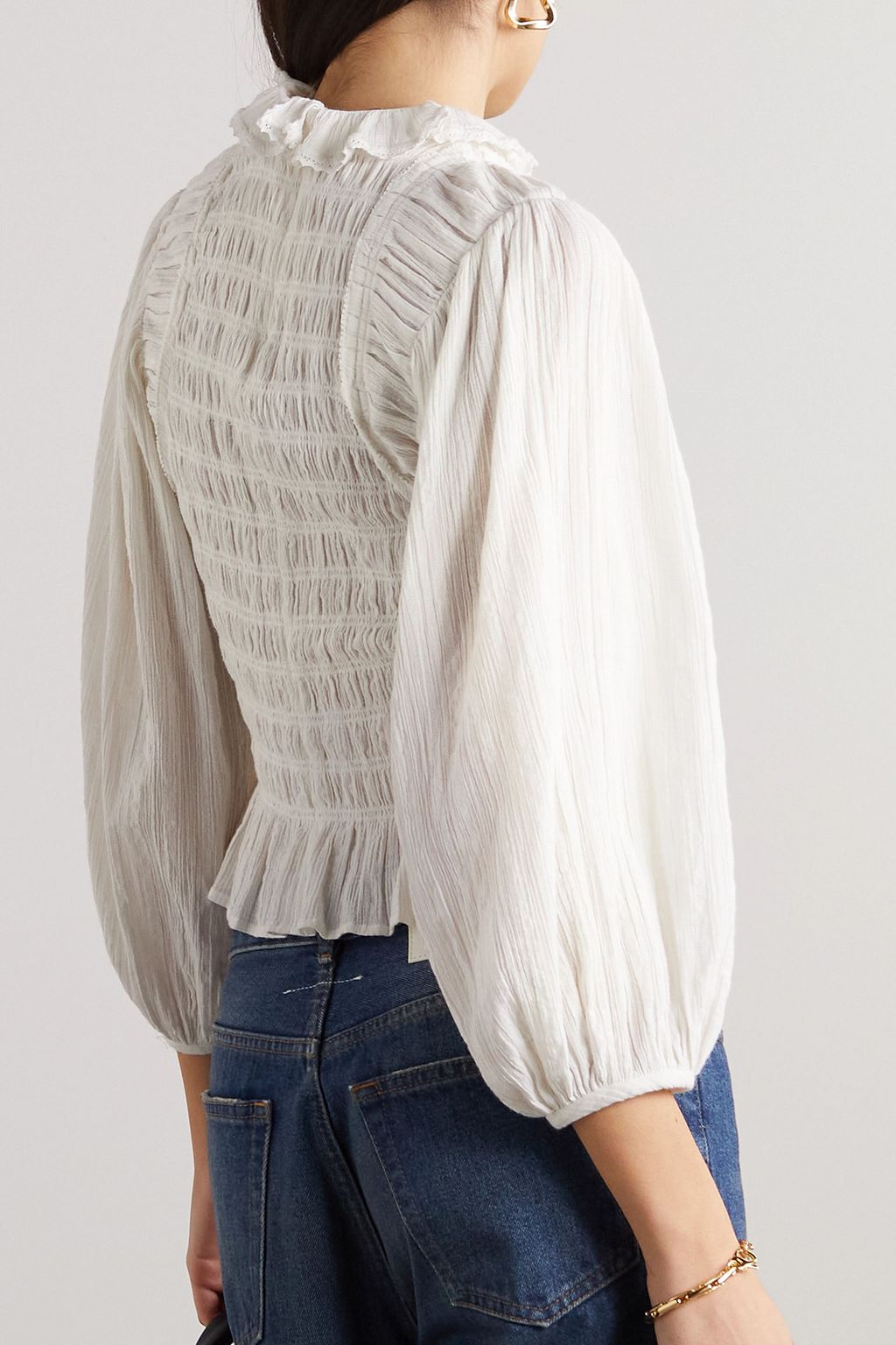 MARANT ÉTOILE Idris lace-trimmed smocked cotton-blend blouse | THE OUTNET