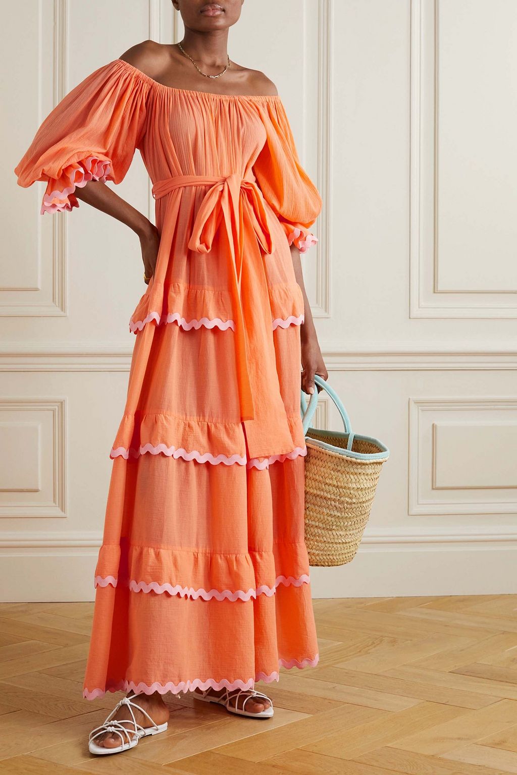 FLORA SARDALOS Amorgos belted ric rack-trimmed cotton-voile maxi dress ...