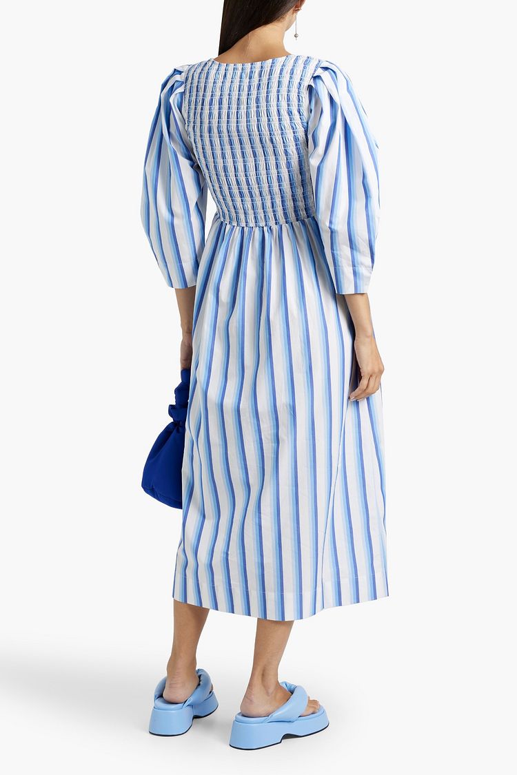 GANNI Shirred striped cotton-poplin midi dress | THE OUTNET