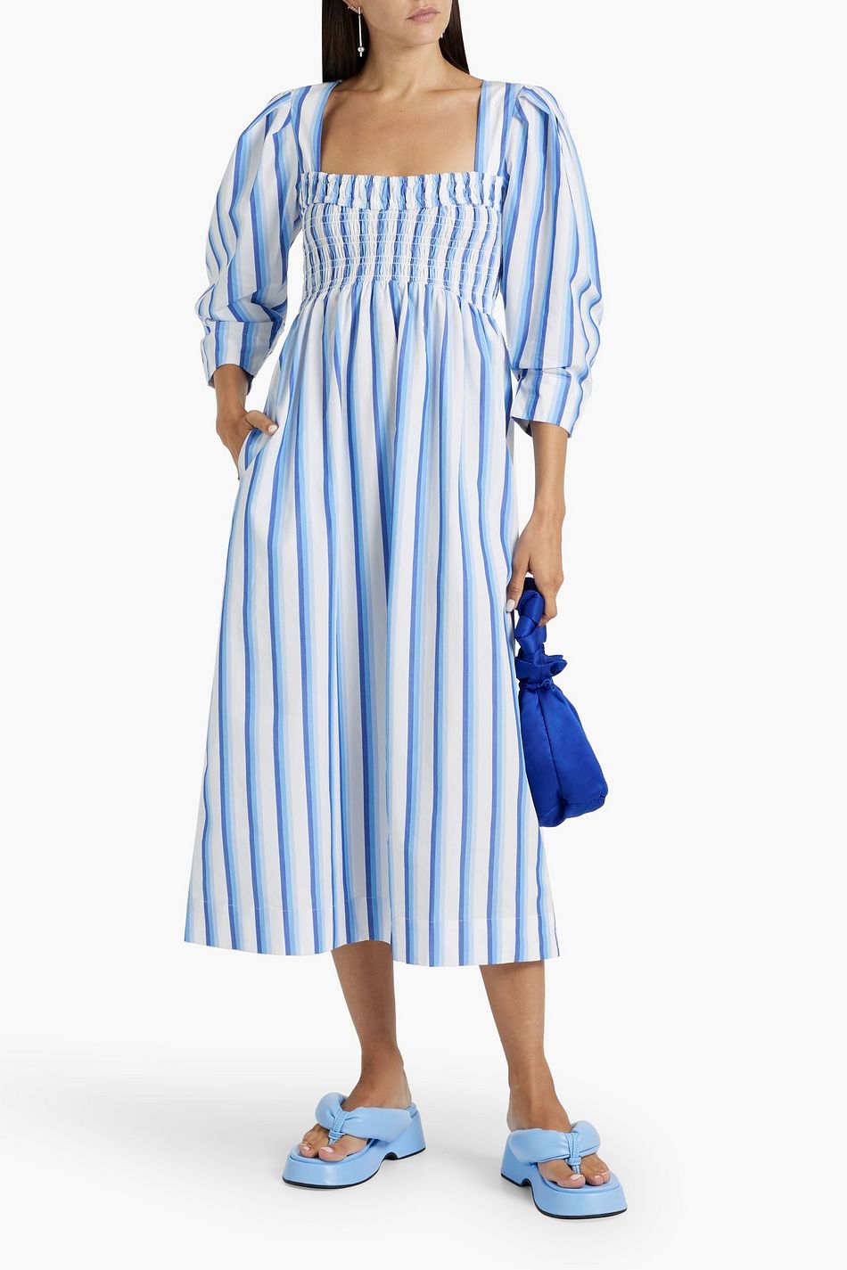 GANNI Shirred striped cotton-poplin midi dress | THE OUTNET