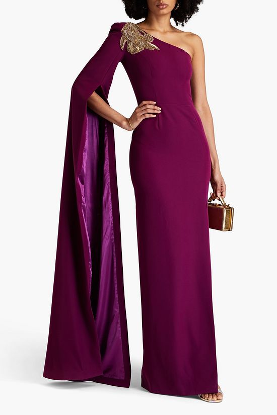 RHEA COSTA One-sleeve crystal-embellished draped crepe gown | THE OUTNET