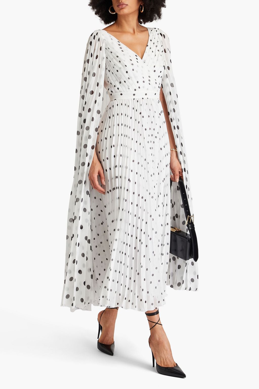 HUISHAN ZHANG Beryl cape-effect pleated polka-dot georgette midi dress ...