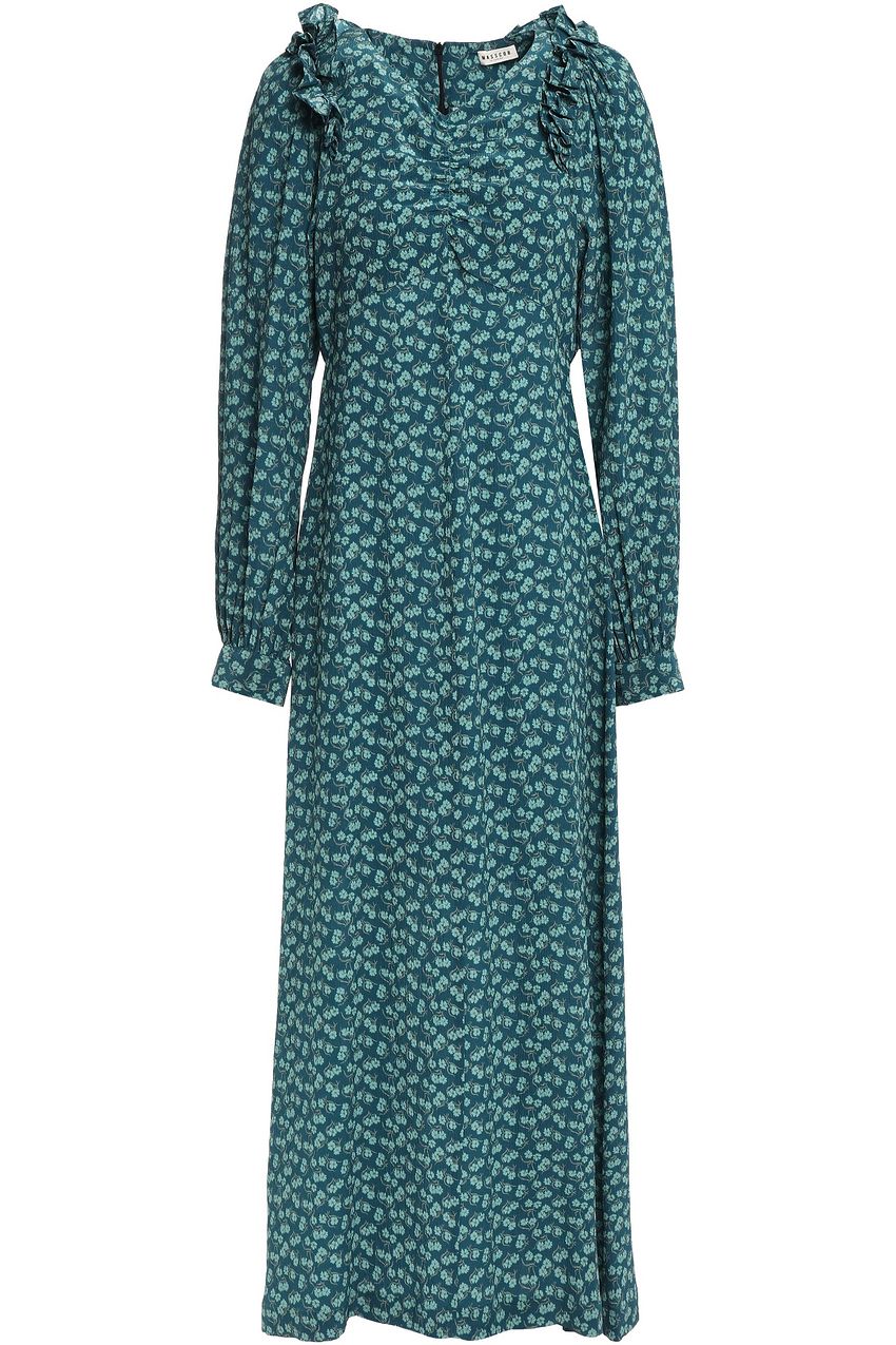 Teal Provence ruffle-trimmed floral-print crinkled-silk maxi dress ...