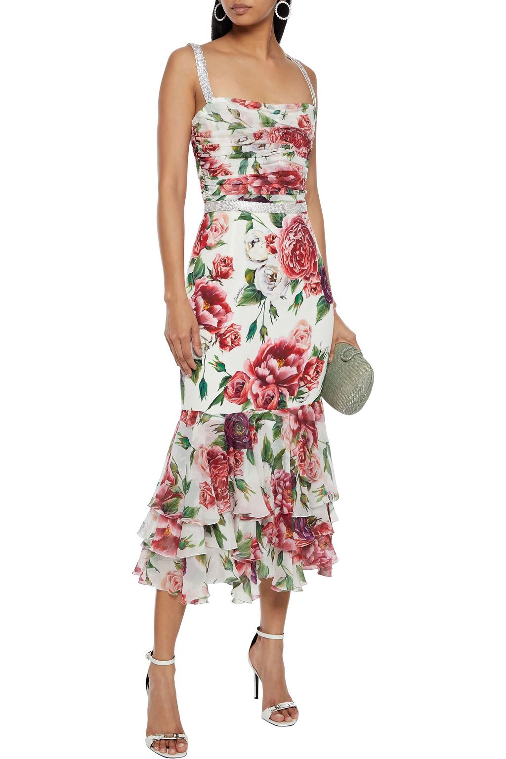 Dolceandgabbana Crystal Embellished Floral Print Silk Blend Chiffon Midi