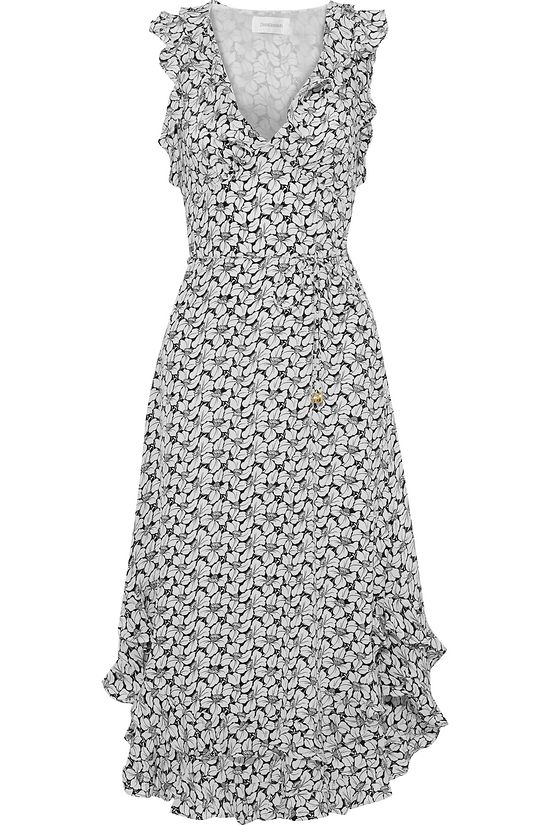 Black Ruffle Trimmed Floral Print Silk Crepe De Chine Midi Dress Sale