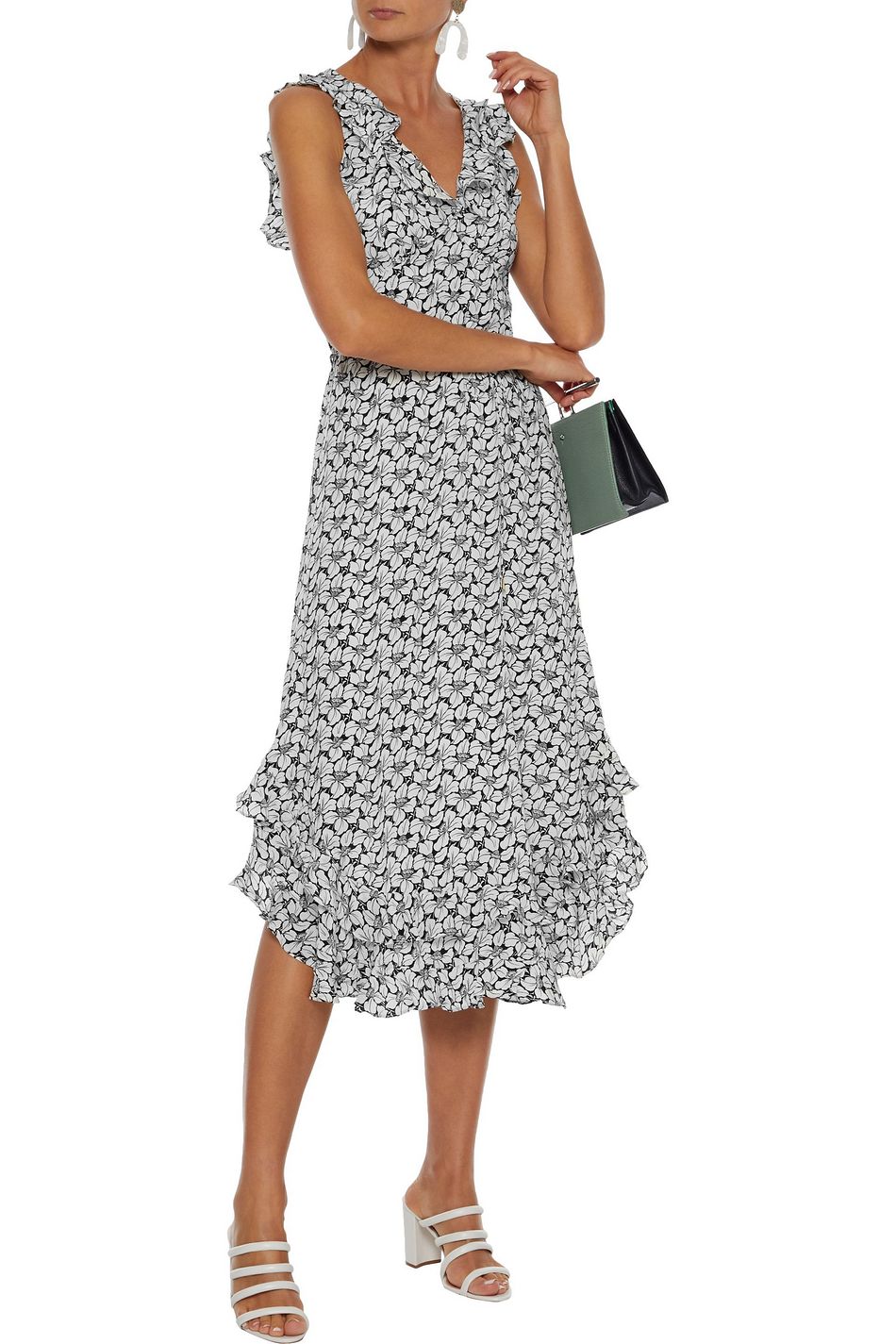 Black Ruffle Trimmed Floral Print Silk Crepe De Chine Midi Dress Sale