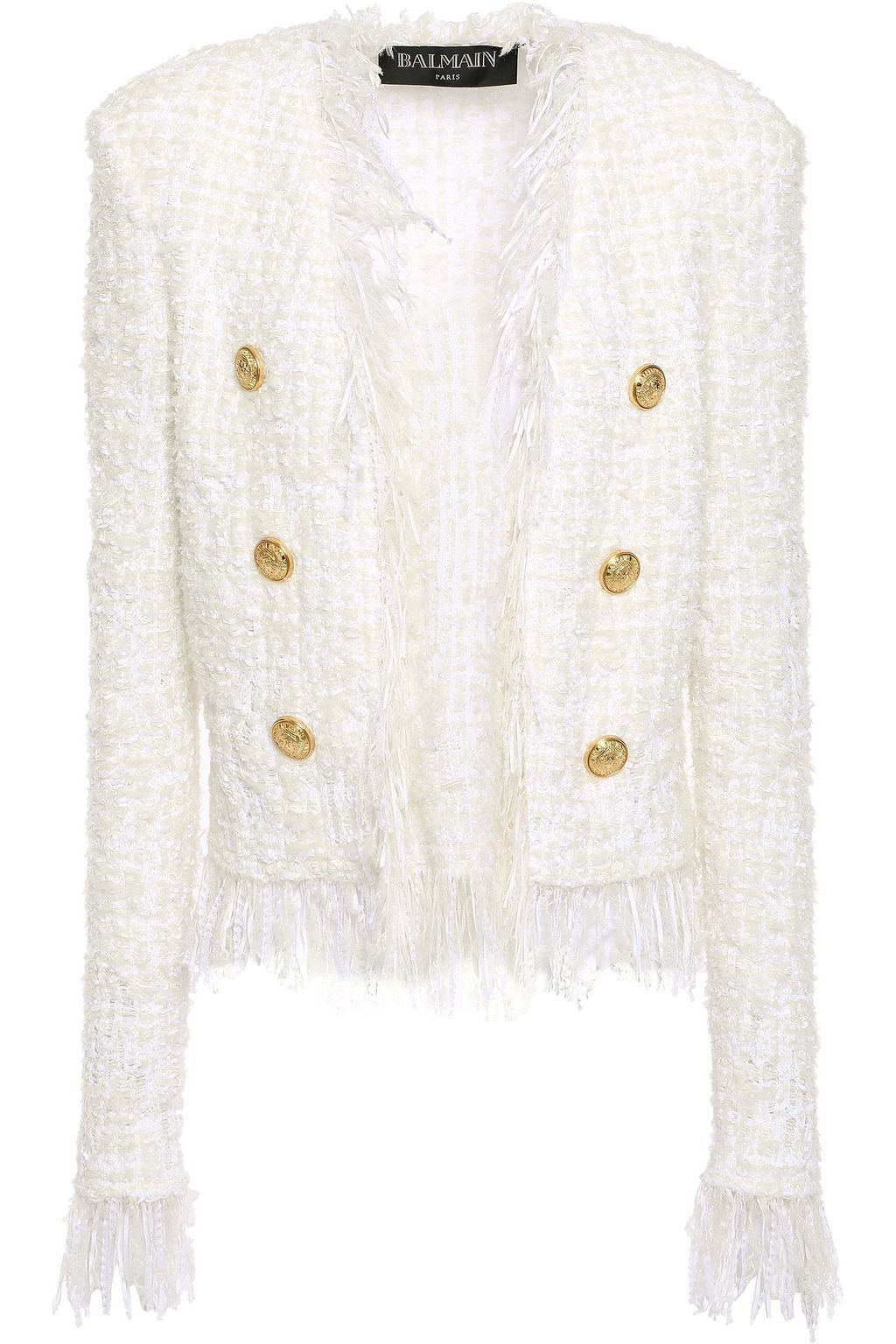 BALMAIN Fringed button-embellished bouclé-tweed jacket | THE OUTNET