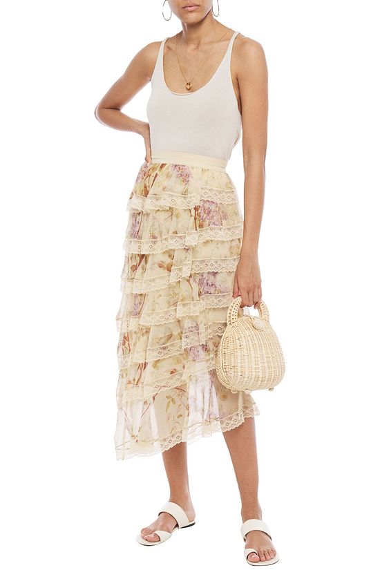 Zimmermann Sabotage Tiered Lace Trimmed Floral Print Silk Chiffon Midi