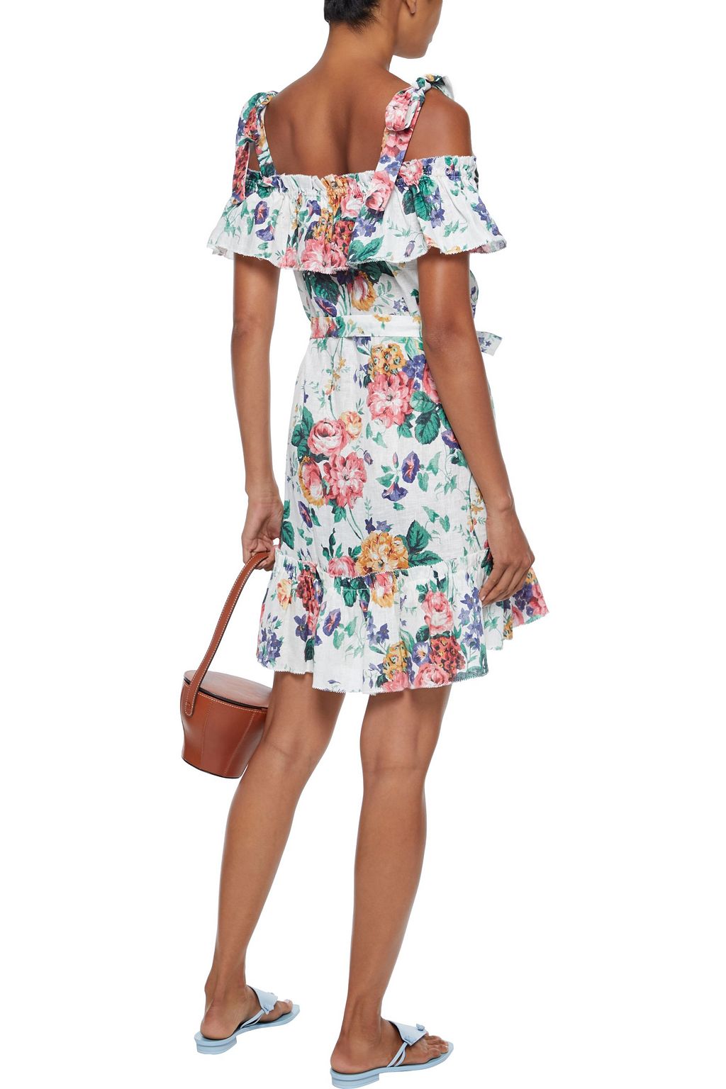 Zimmermann Allia Tie Cold Shoulder Ruffled Floral Print Linen Mini
