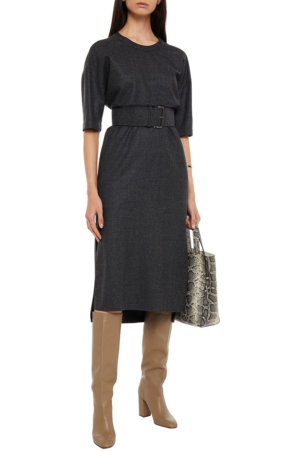 Brunello Cucinelli Belted Bead Embellished Stretch Wool Midi Dress