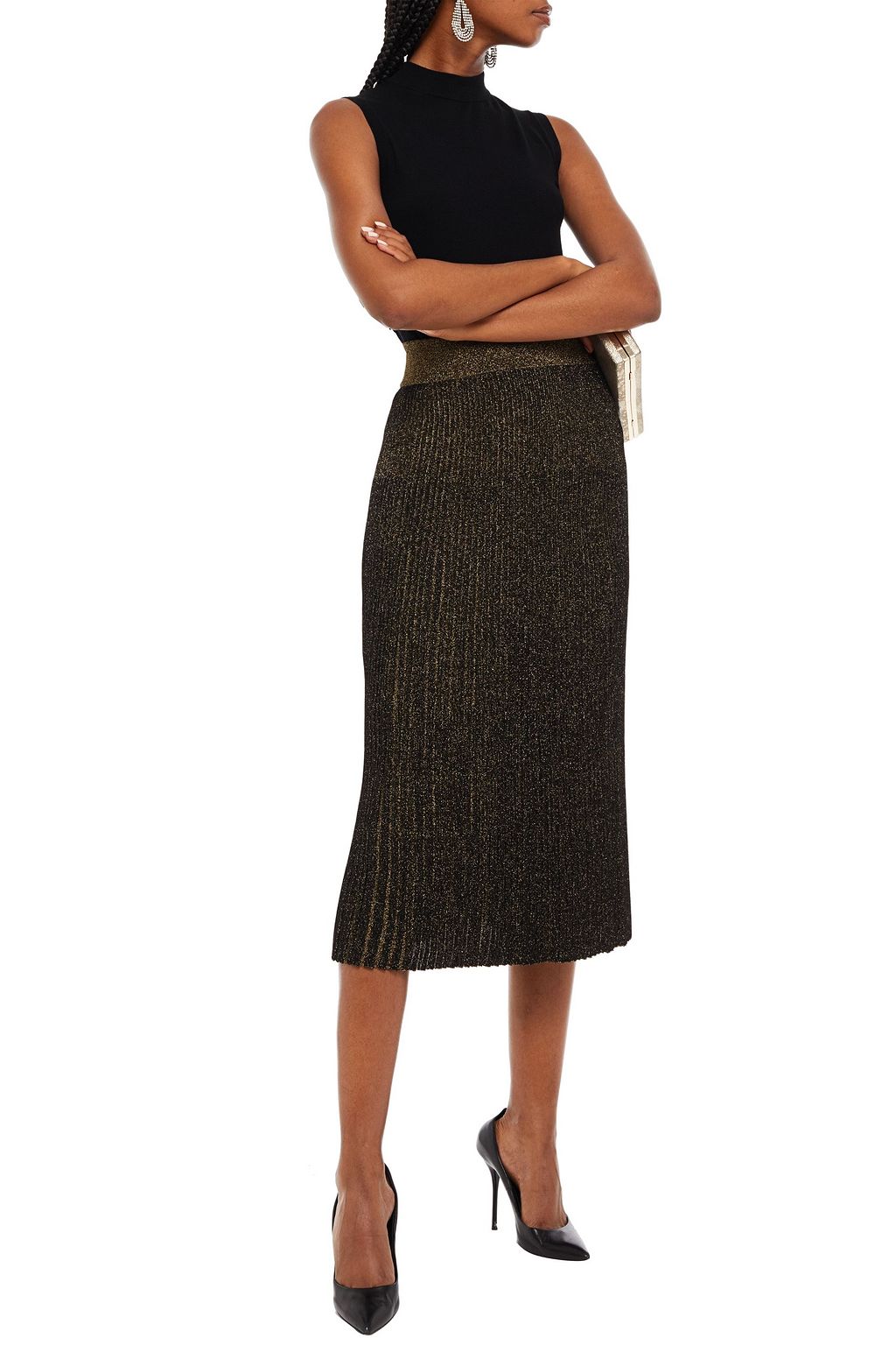 Balmain Metallic Ribbed Knit Midi Skirt The Outnet