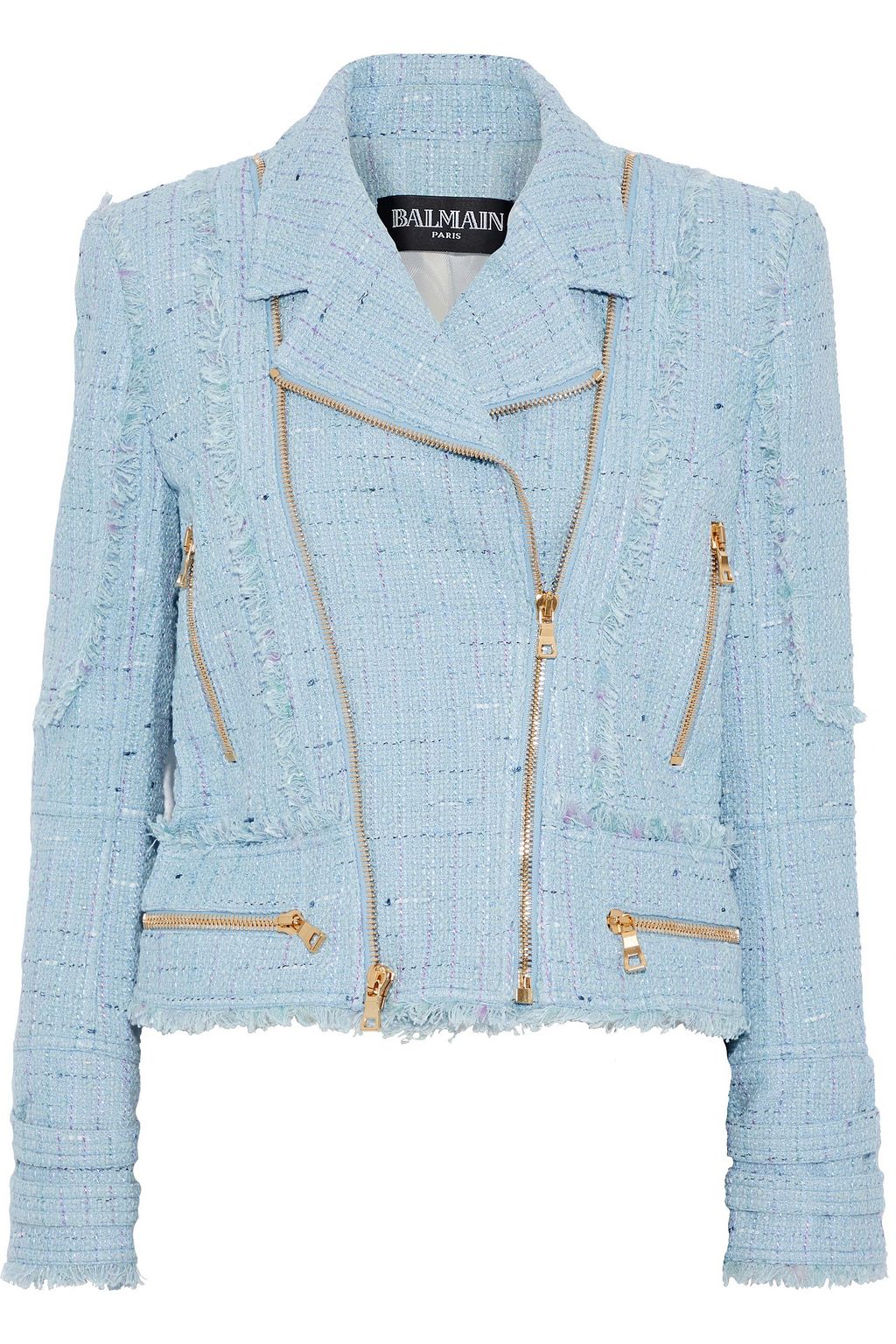 BALMAIN Zip-detailed cotton-blend tweed biker jacket | THE OUTNET
