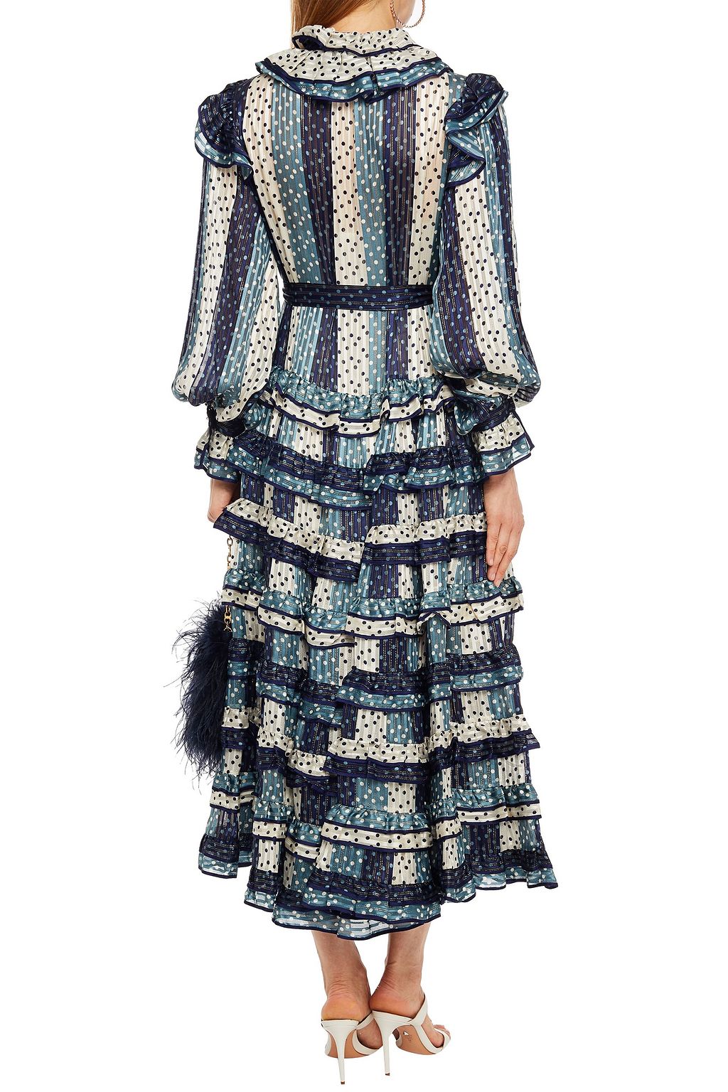 Slate Blue Tiered Metallic Polka Dot Silk Blend Jacquard Midi Dress