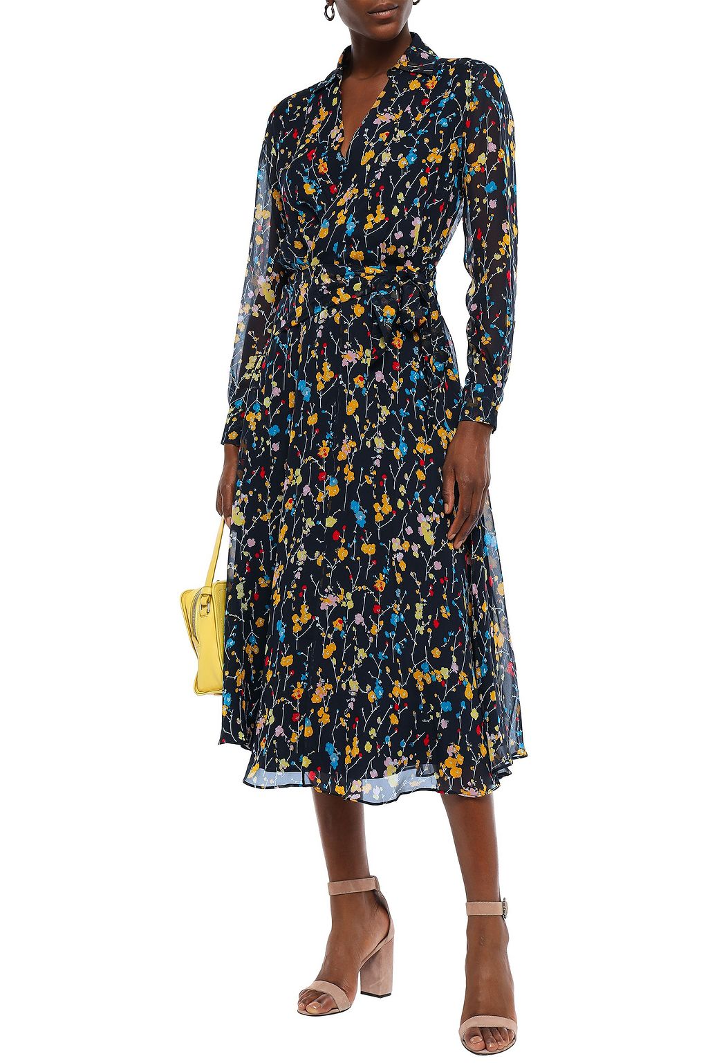 Equipment Vivienne Wrap Effect Floral Print Silk Chiffon Midi Dress
